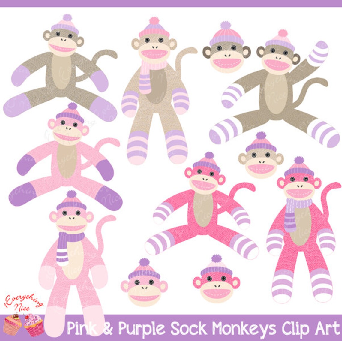 Pink and Purple Lavender Sock Monkeys Clip Art Set - Etsy