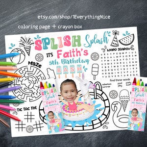 Splish Splash It's A Birthday Bash Girl Pink Coloring Placemat Activity ...