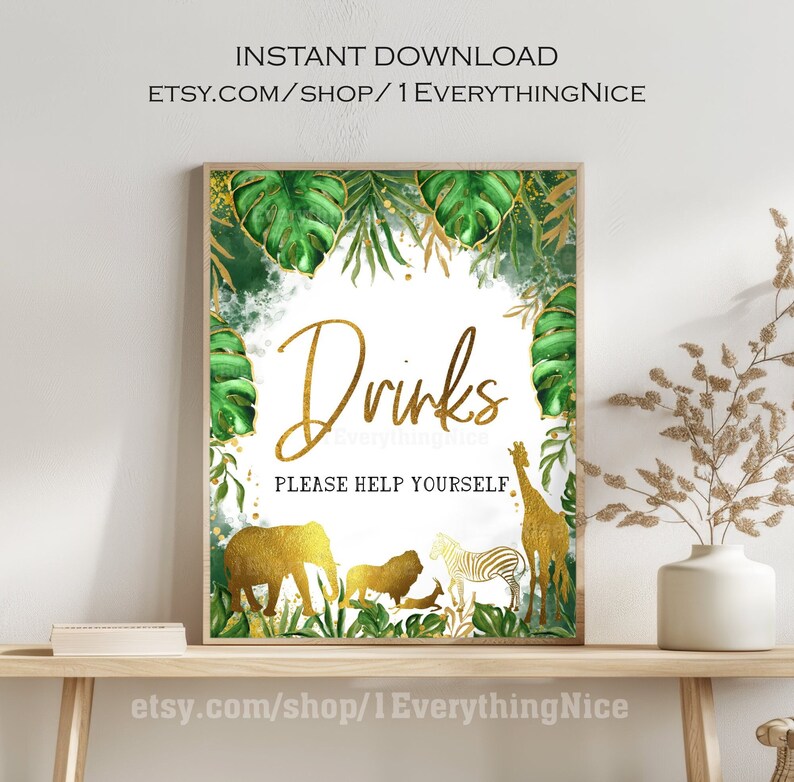 Wild One Safari Animals Gold Green Two Wild 8x10 Drinks Table Sign V2 ...
