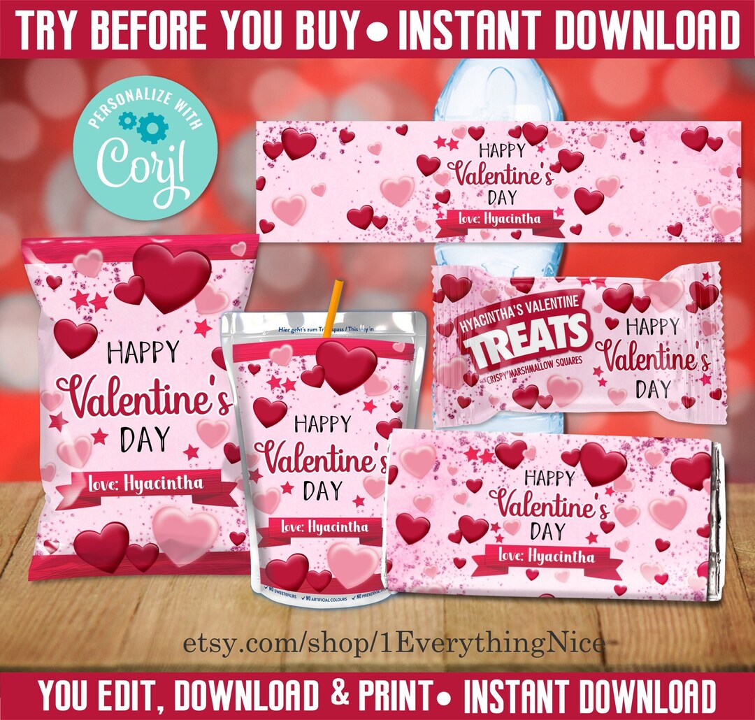 Editable DIGITAL DOWNLOAD Valentine Valentine Theme Favors Treats ...
