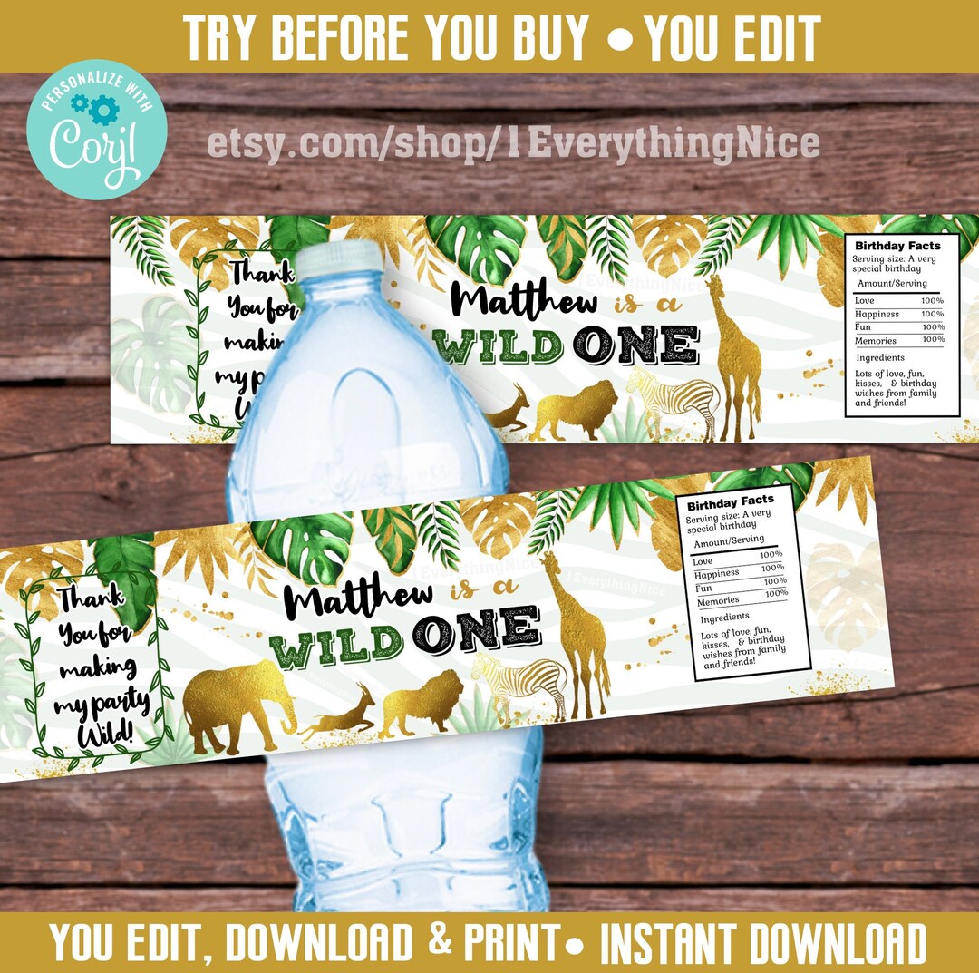 Wild One Safari Animals Gold Green Two Wild Water Bottle Label Birthday ...