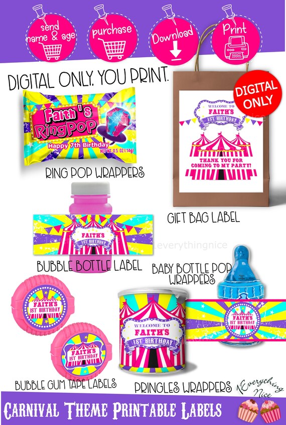 Pink Circus Carnival Theme Birthday Digital Printables Labels ...