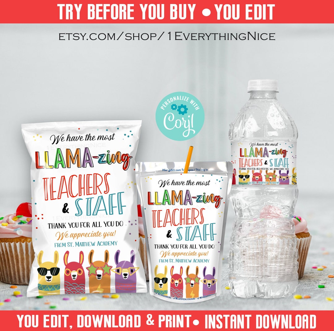 Llamazing Teachers & Staff Appreciation Llama Wrappers Labels Bundle ...