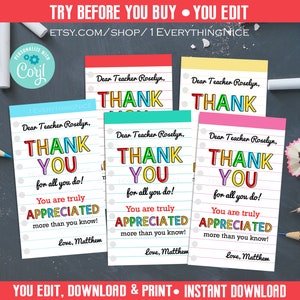 Editable Printable 2x3.5 Teacher Appreciation Note Tags Instant Digital ...