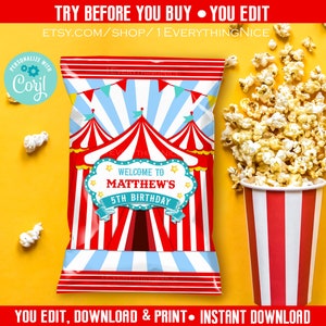 Circus Carnival Theme Editable DIGITAL Wrappers & Labels Set Bundle 1 ...