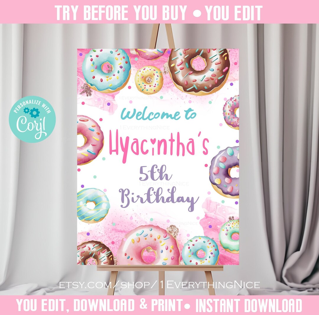 Donut Donuts Theme Birthday Baby Shower Party Editable Instant Welcome ...