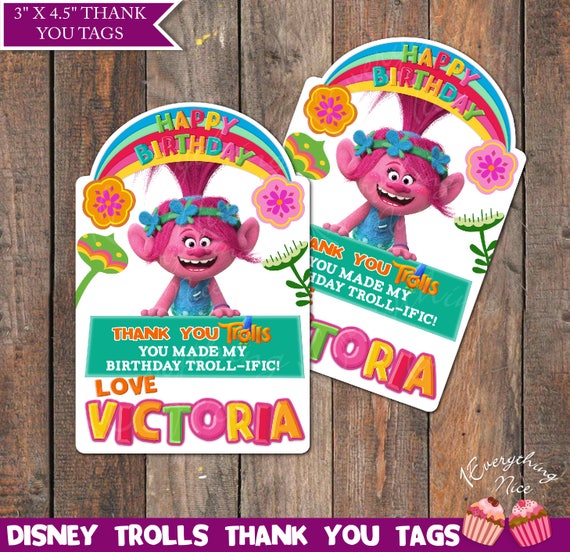 Trolls Poppy Birthday Thank You labels Favor Tags / Thank You Tags by ...