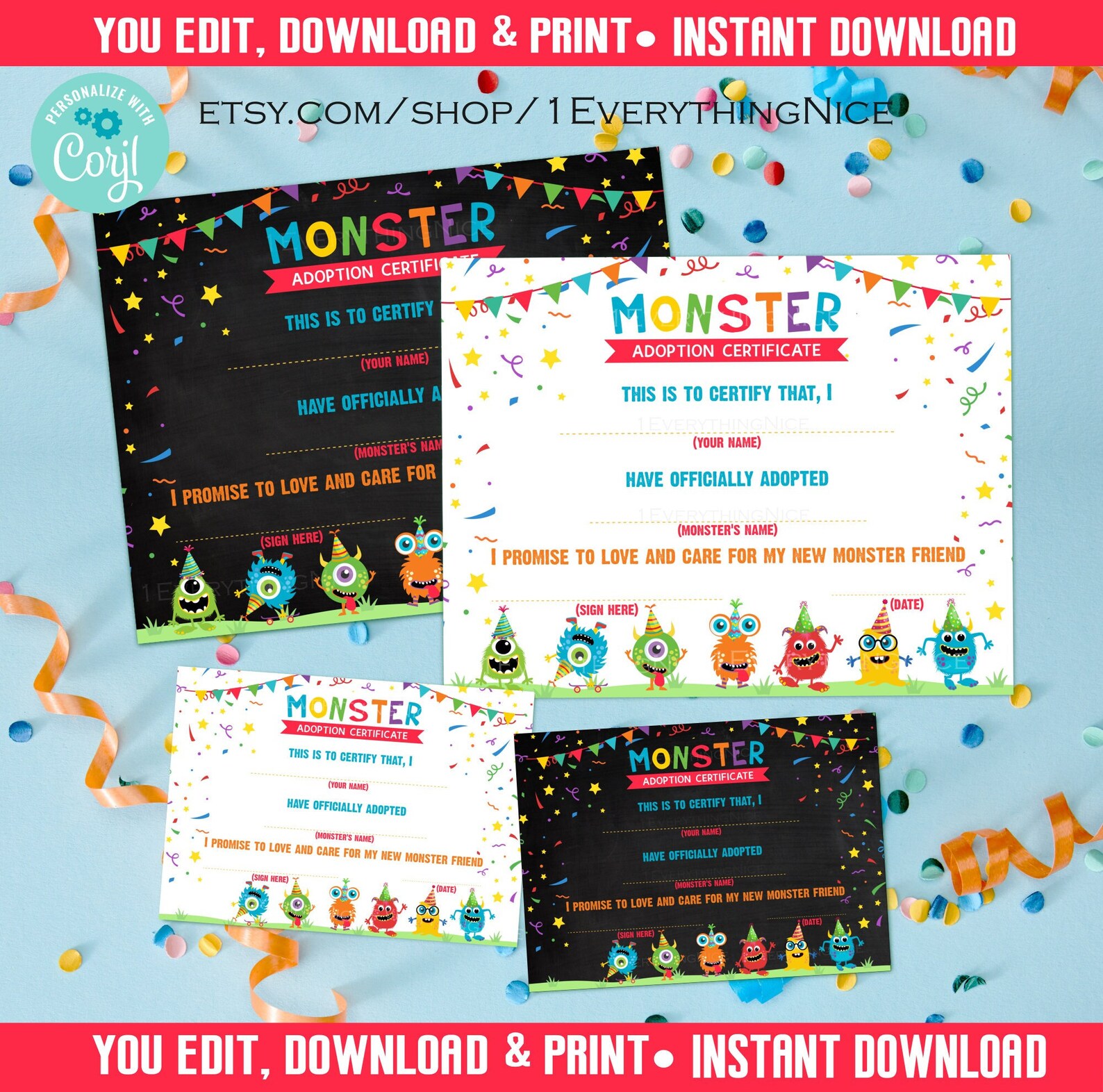 Monsters Adoption Certificate Cute Monster Bash Editable - Etsy