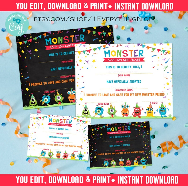 Monsters Adoption Certificate Cute Monster Bash Editable - Etsy