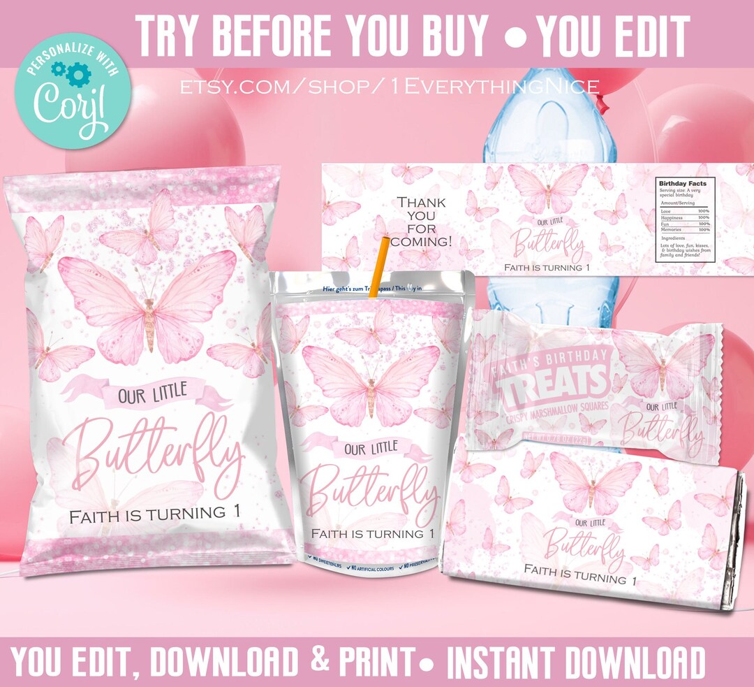 Editable DIGITAL Instant DOWNLOAD Pink Butterfly Butterflies Theme ...