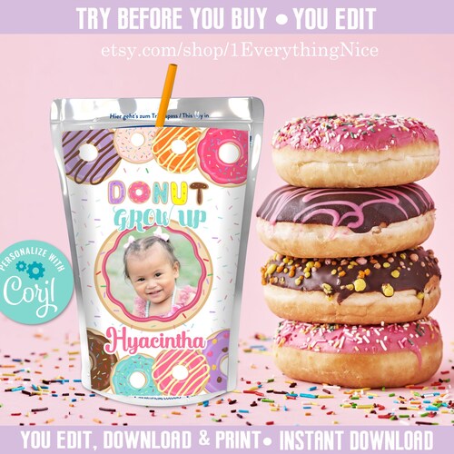 Editable DIGITAL DOWNLOAD Donut Grow up Donuts Birthday Water - Etsy
