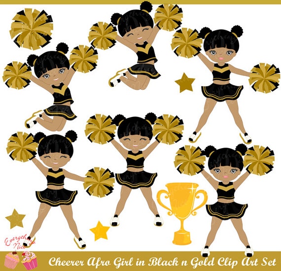 Cheerer Afro Girl in Black and Gold Clipart Set by 1Everything Nice ...