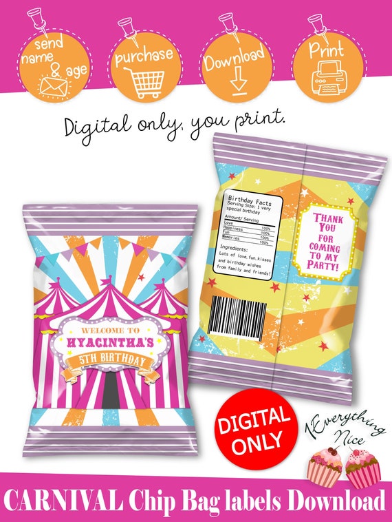 DIGITAL DOWNLOAD Carnival Circus Theme Chip Bag Labels Printable ...