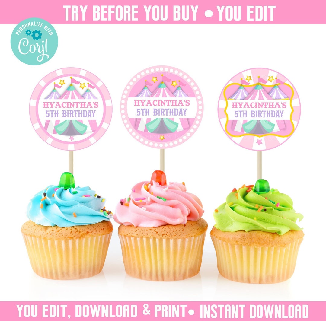 2 Cupcake Toppers Circus Carnival Pastel Pink Purple - Etsy