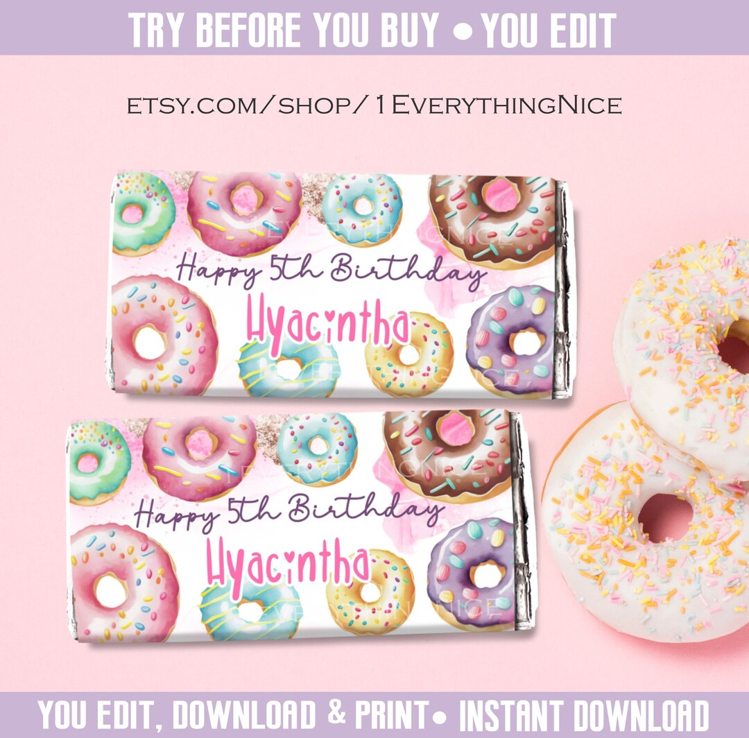 Editable Instant DOWNLOAD Donut Donuts Theme Candy Bar Wrapper Birthday ...