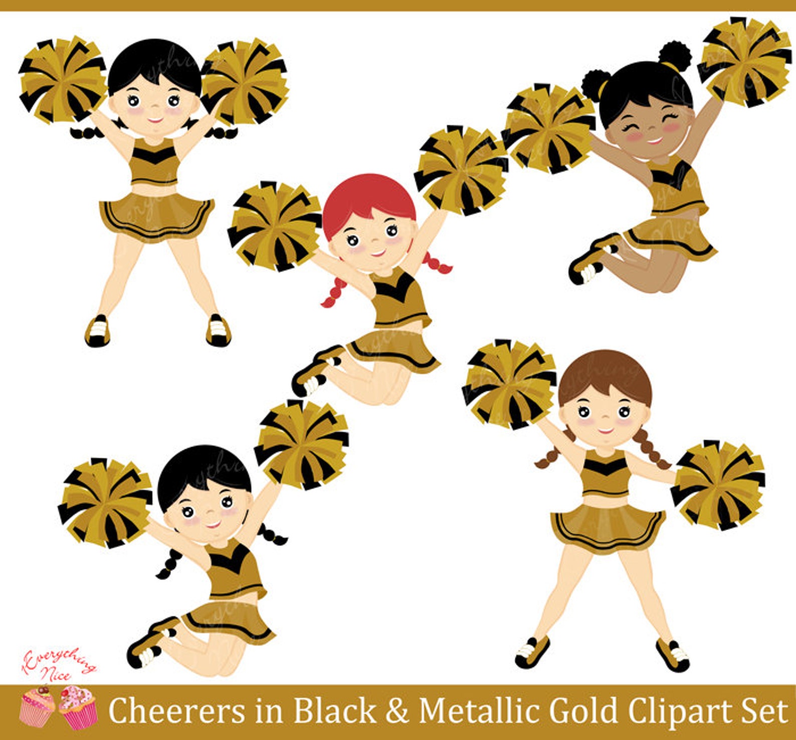 Cheerers Cheerleaders in Black and Metallic Gold Clipart Set - Etsy
