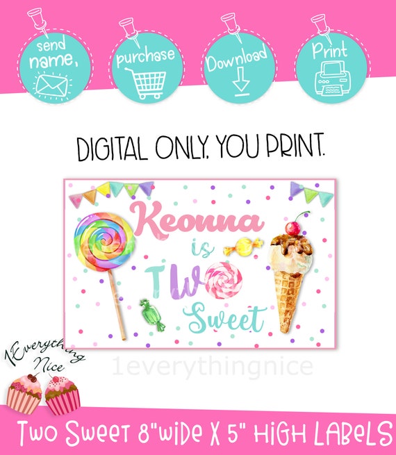 DIGITAL DOWNLOAD Two Sweet Ice Cream and Candies Birthday 8" x 5 ...