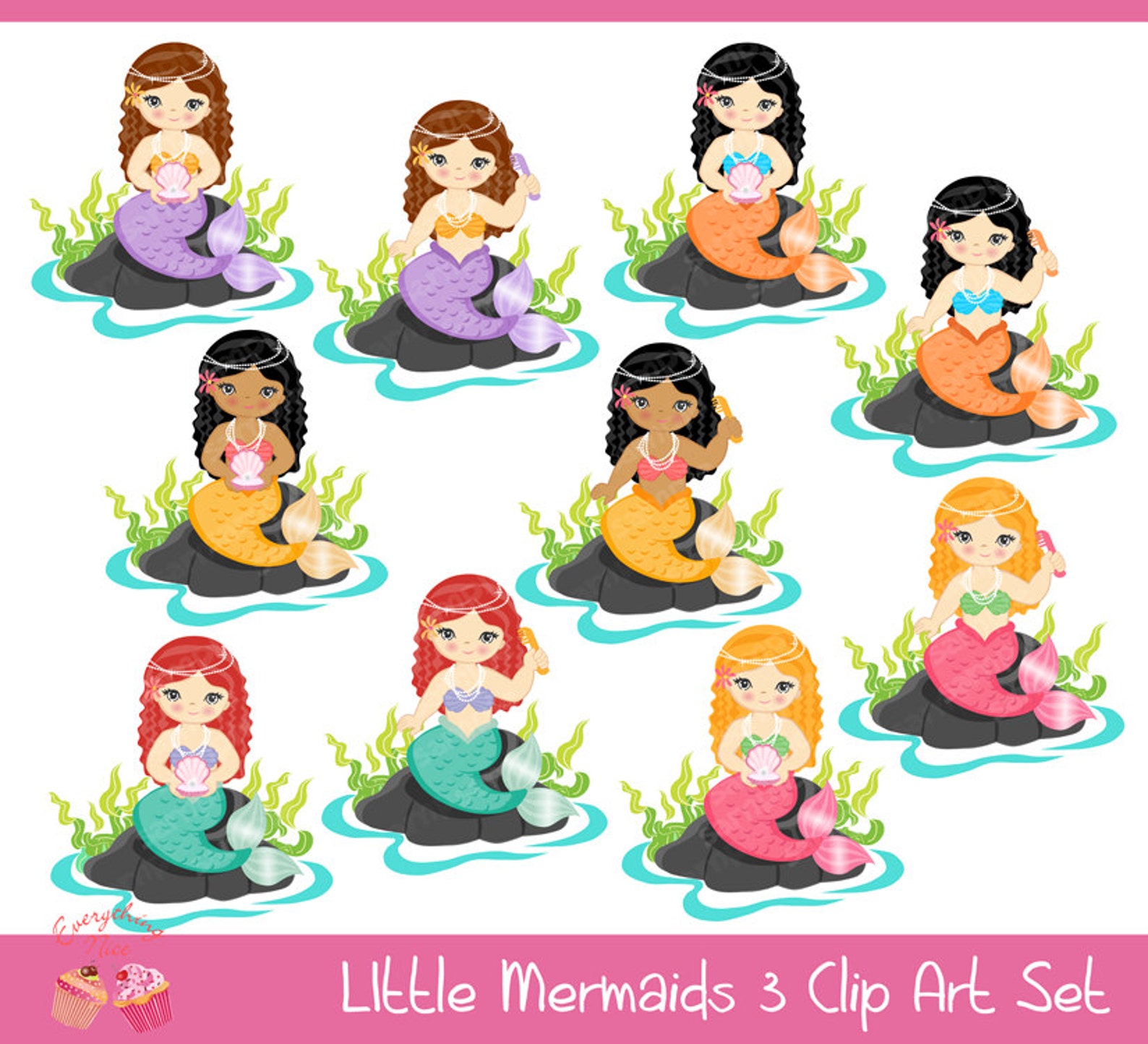 Little Mermaids Clipart Set | Etsy