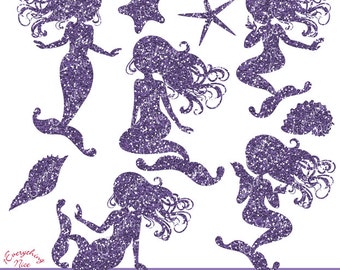 Pink Plum Glitters Mermaid Silhouettes Clipart Set | Etsy