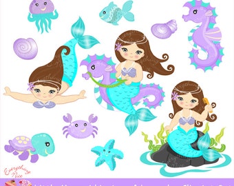 African-american Mermaids Mermaid in Aqua & Purple Clipart Set - Etsy