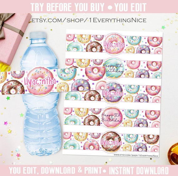 Editable Instant DOWNLOAD Donut Grow Up Donuts Birthday Water Bottle ...