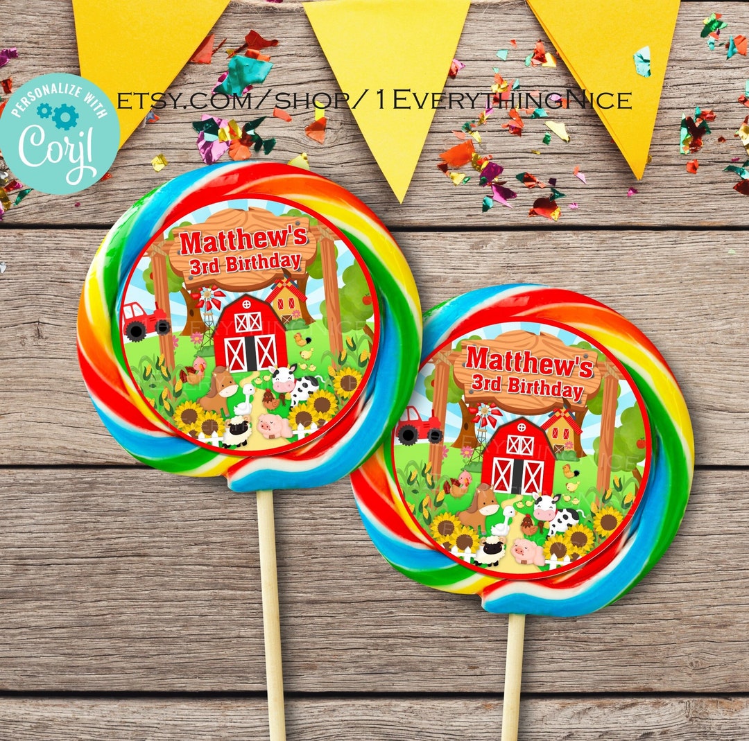 3" Lollipop Label Red Farm Barnyard Barn Cowboy Country Animals ...