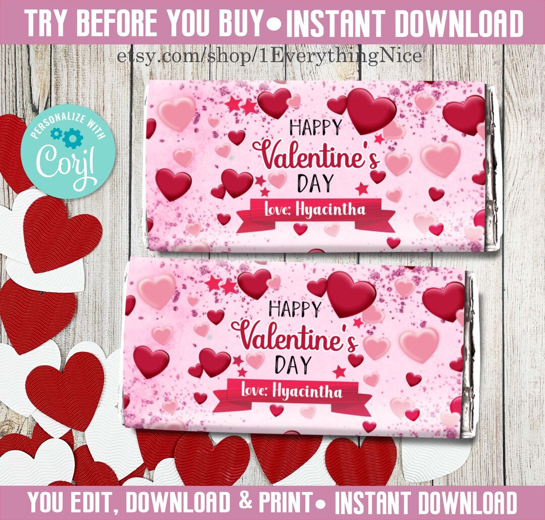 Editable DIGITAL DOWNLOAD Valentine Valentines Day Candy Bar Wrappers ...
