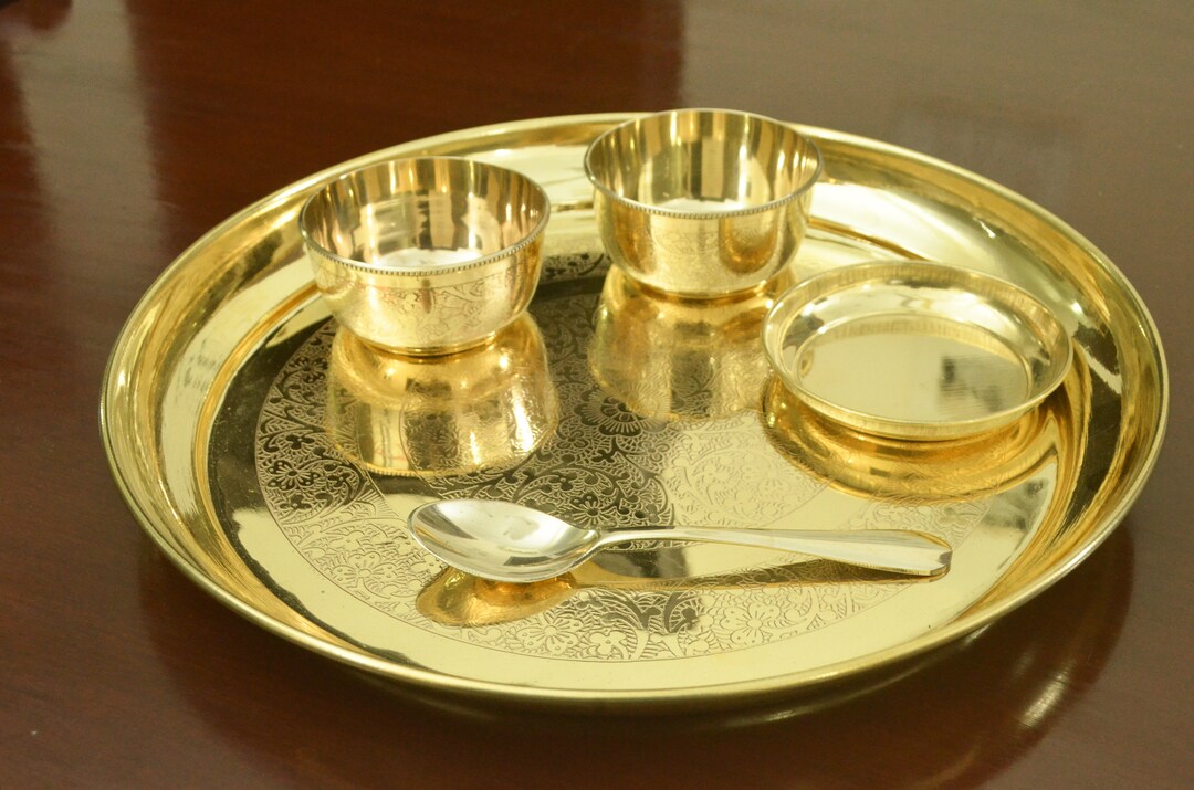 Embossed Brass Dinnerware Set | 13 Inch Thali Plate, Bowls & Spoon - Etsy