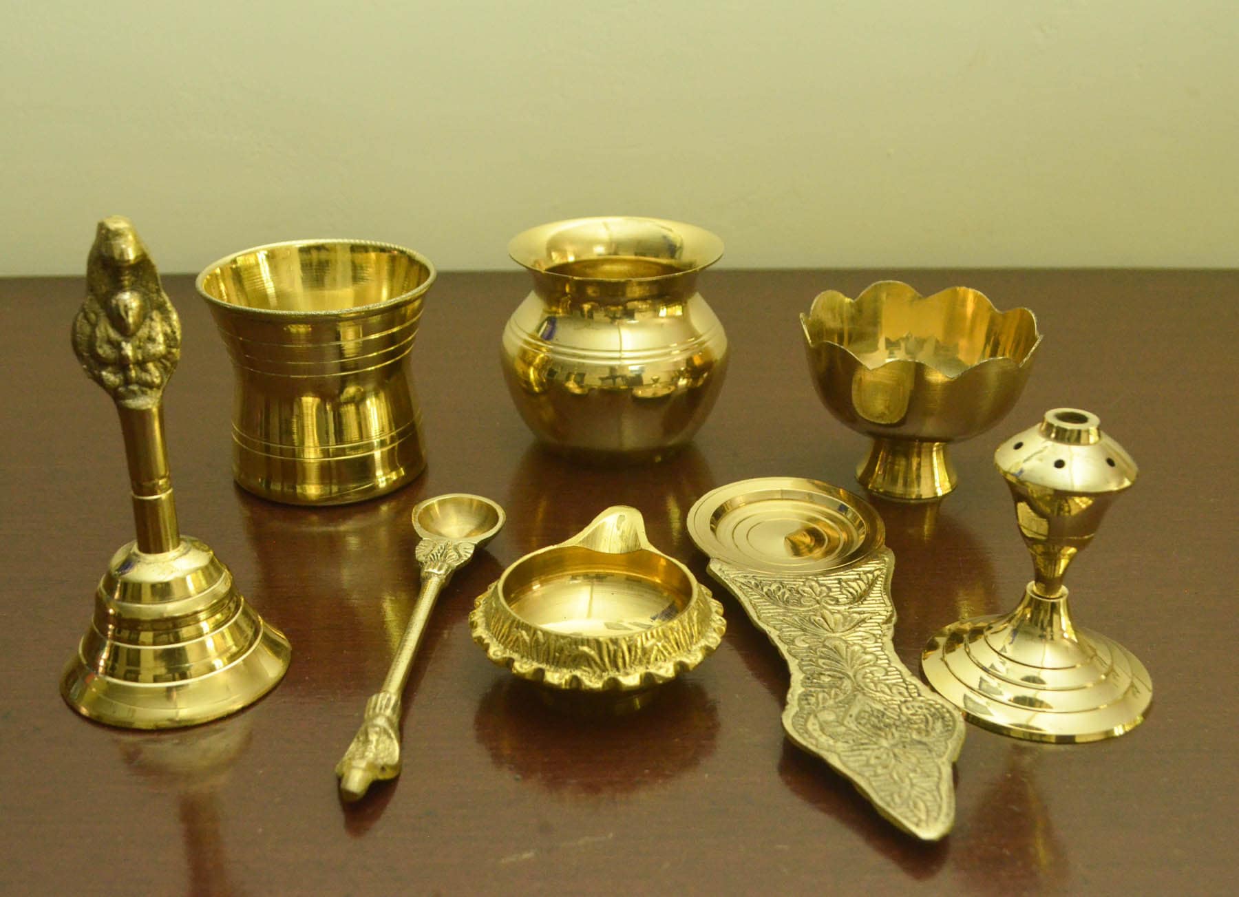 Brass Pooja Set of 9 Pcs || Plate|| Bell || Incense Holder ...