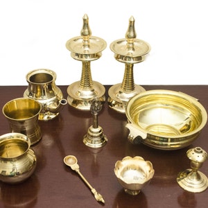 Brass Pooja Thali Set | Puja 13" Plate Sets, Bell, Incense Holder, Diya ...