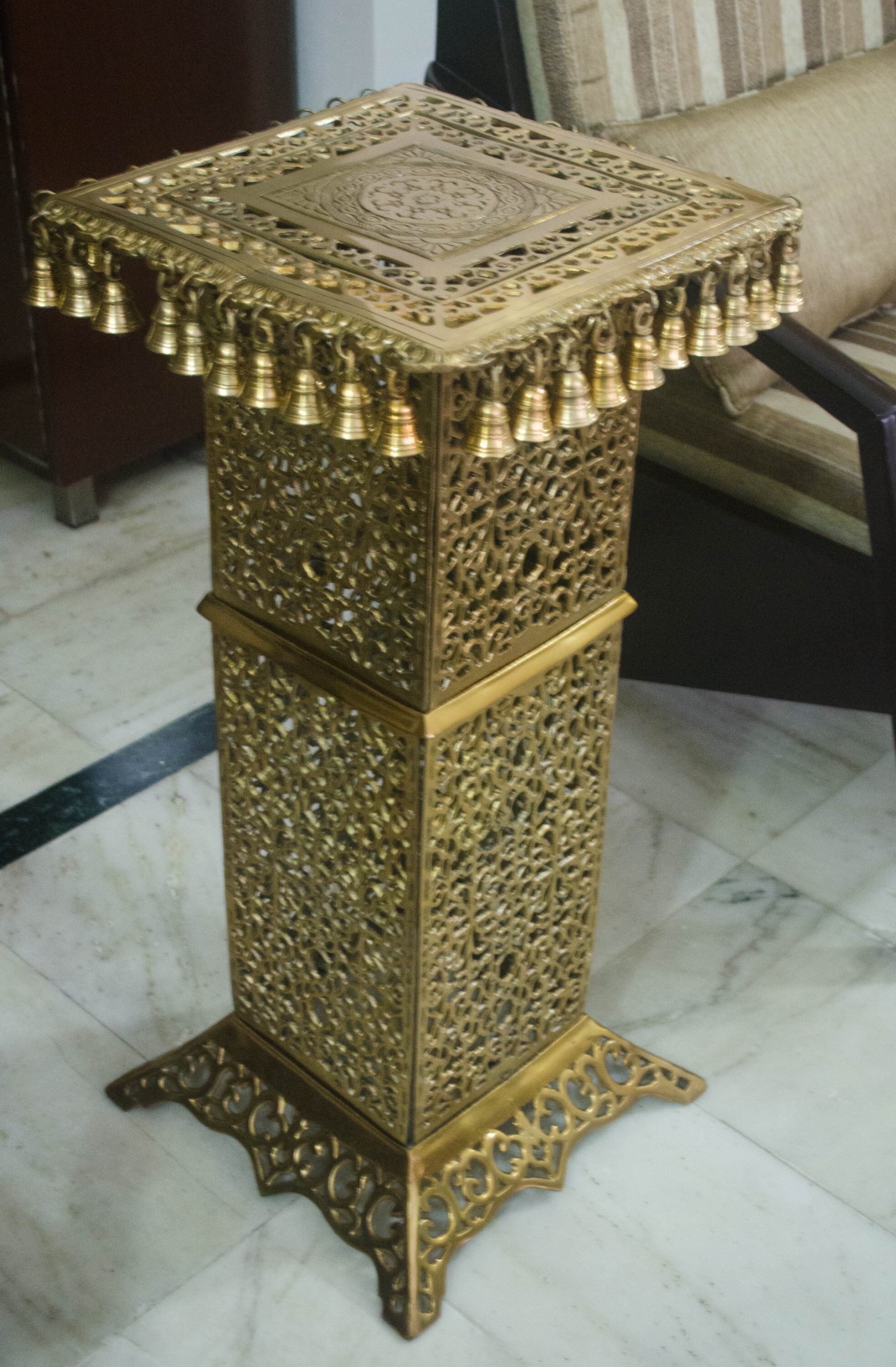 Brass Corner Table / Side Table With Ethnic Design & Hanging Bells ...