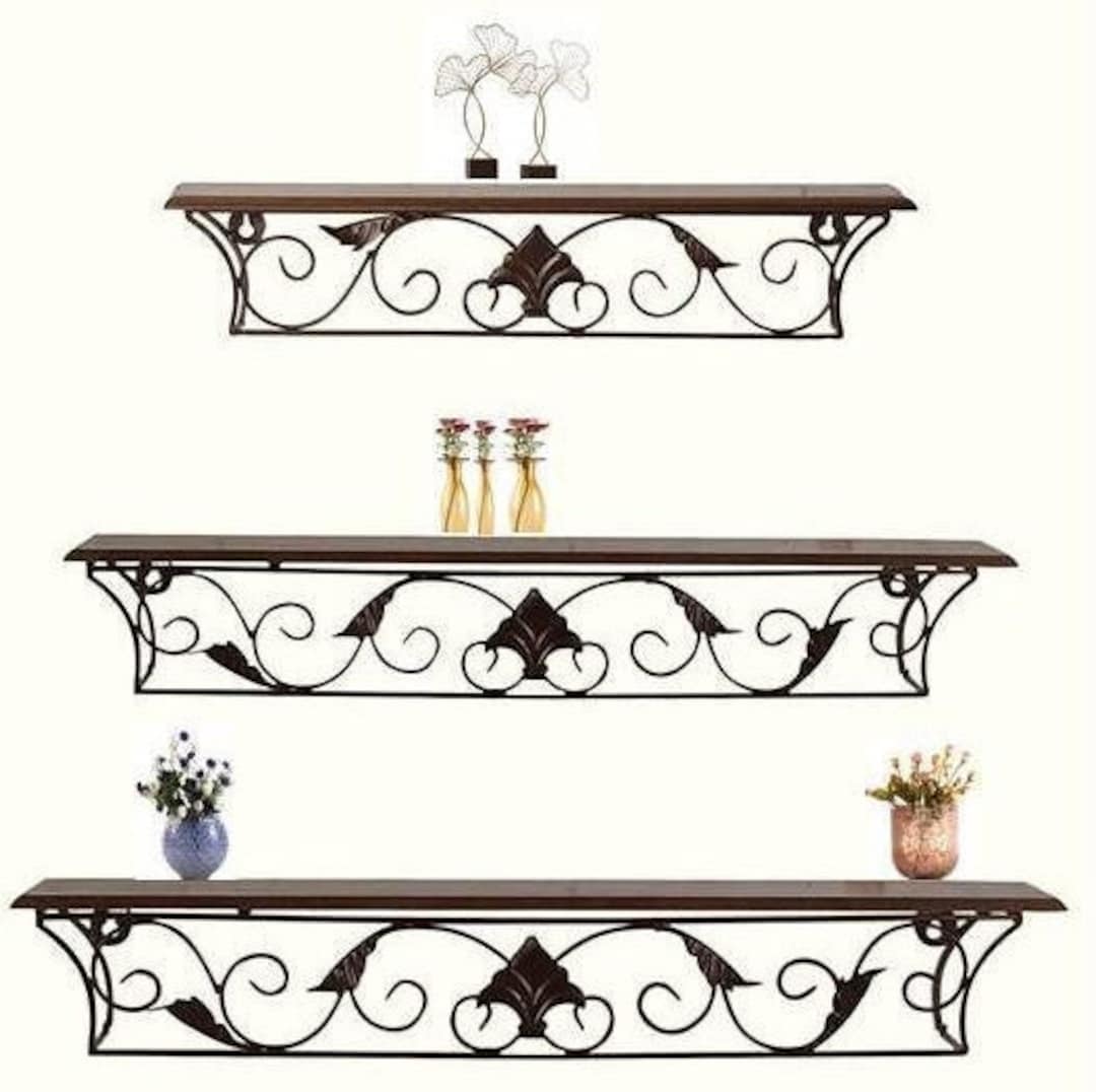 Wall Shelves Wooden and Wrought Iron Shelf Rack Wall - Etsy