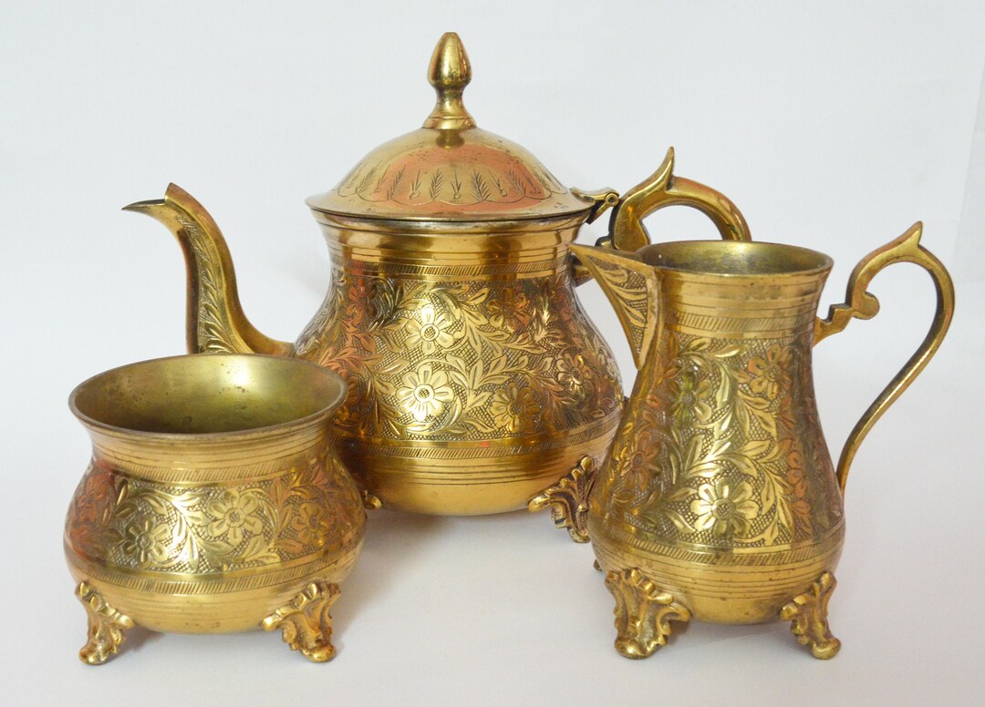 Vintage German Silver With Gold Polish Tea Set in Fine Carving Floral ...