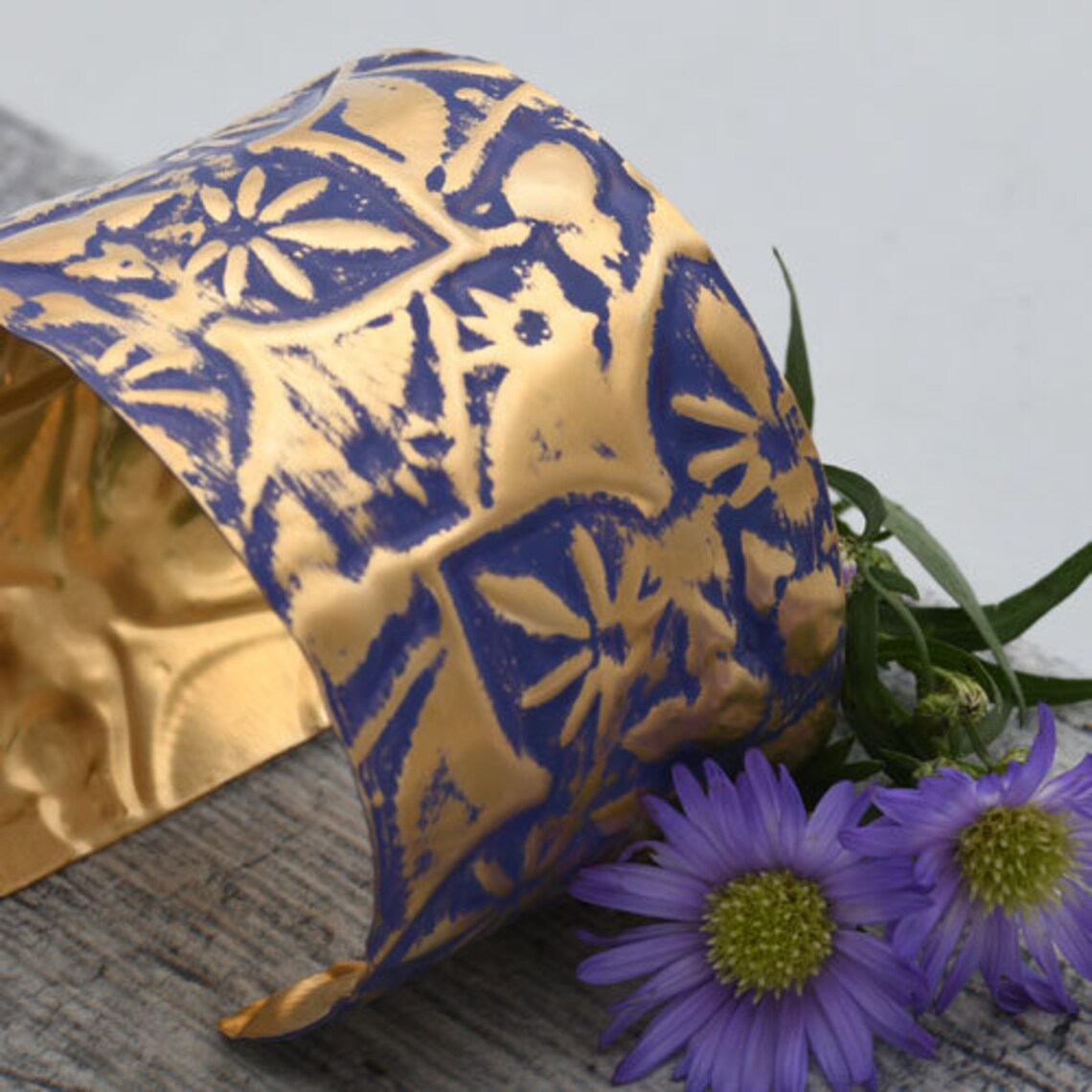Brass Patterned Cuff Purple Patina Paint Large 2 Inch Wide Rustic Shiny ...