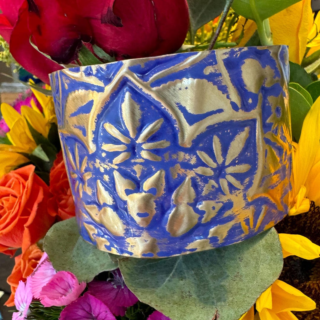 Brass Patterned Cuff Purple Patina Paint Large 2 Inch Wide Rustic Shiny ...