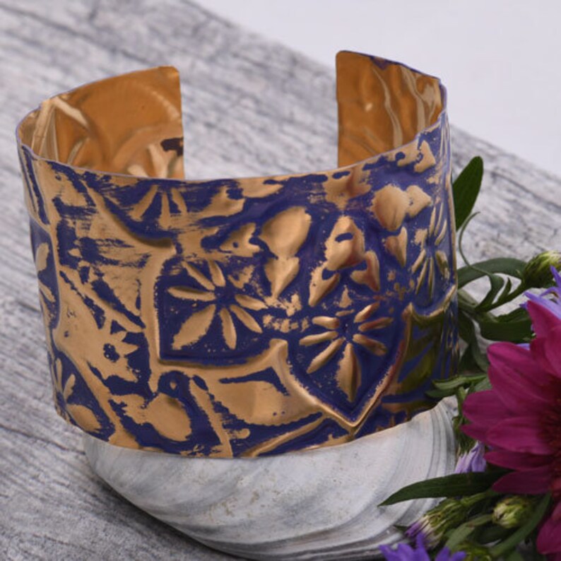 Brass Patterned Cuff Purple Patina Paint Large 2 Inch Wide Rustic Shiny ...