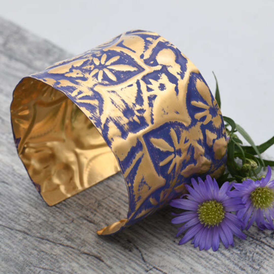 Brass Patterned Cuff Purple Patina Paint Large 2 Inch Wide Rustic Shiny ...