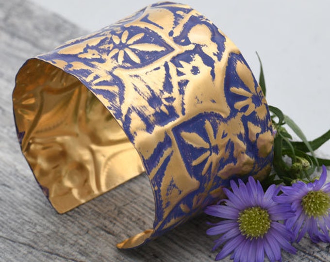 Brass Patterned Cuff Purple Patina Paint Large 2 Inch Wide Rustic Shiny ...