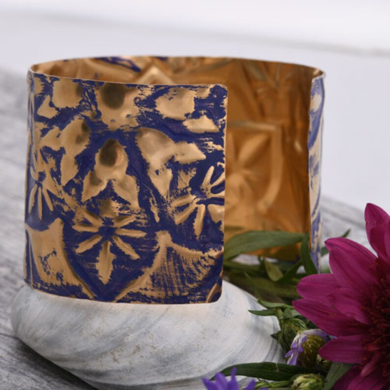 Brass Patterned Cuff Purple Patina Paint Large 2 Inch Wide Rustic Shiny ...