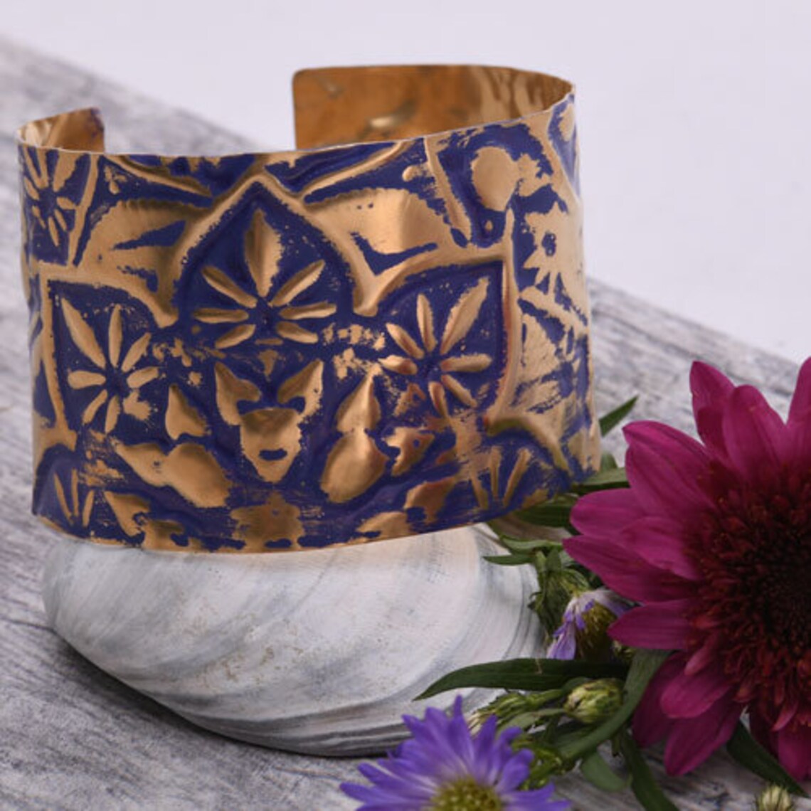 Brass Patterned Cuff Purple Patina Paint Large 2 Inch Wide Rustic Shiny ...