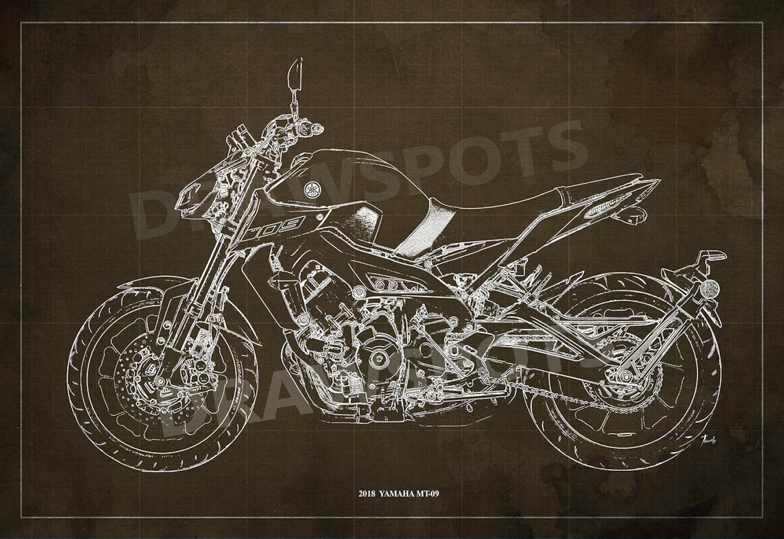 2018 Yamaha MT-09 Blueprint,art Print Larger Sizes, Bike Art Print ...