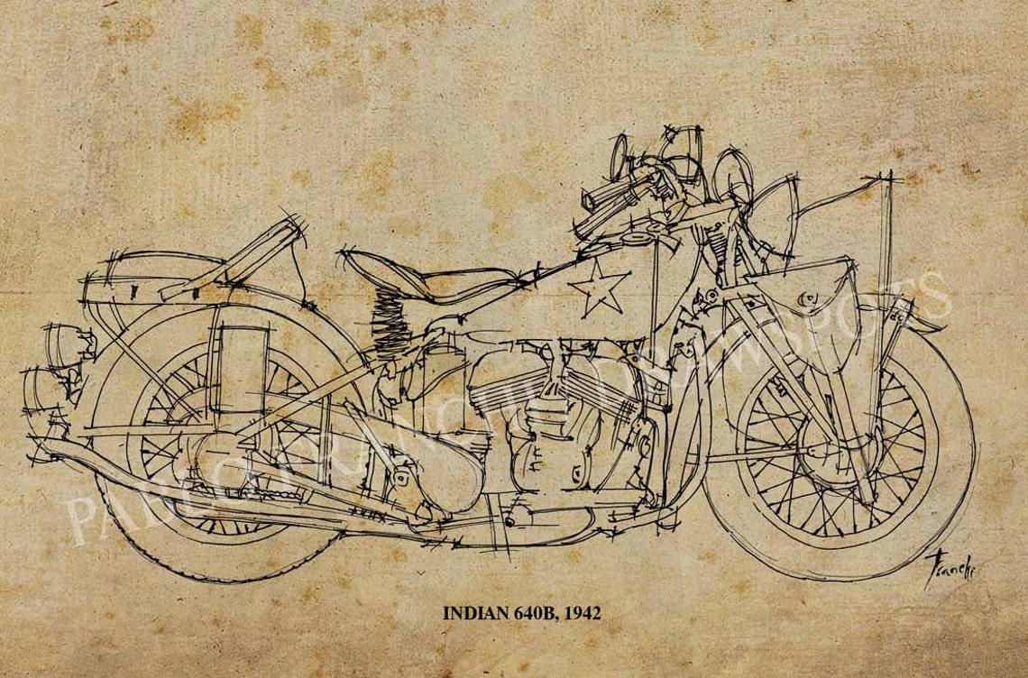 Handmade Sketch for Classic Motorcycles Fans, INDIAN 640B,1942 Quote ...