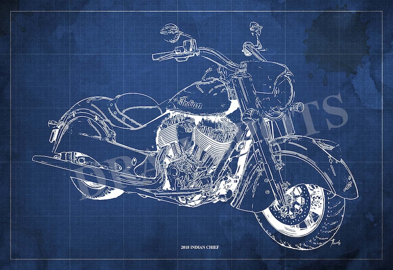 2018 Indian Chief Blueprint Art Print, Motorcycle Drawing,unique Wall ...