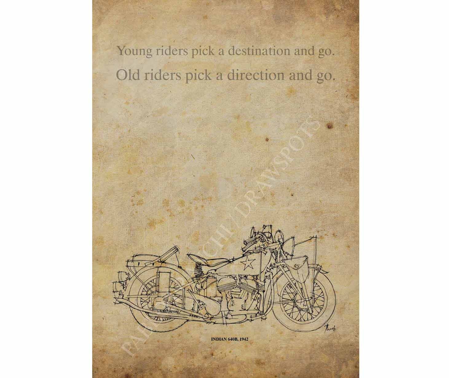 Handmade Sketch for Classic Motorcycles Fans, INDIAN 640B,1942 Quote ...