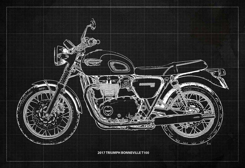 2017 Triumph Bonneville T100 Blueprint Art Print, Motorcycle Garage ...