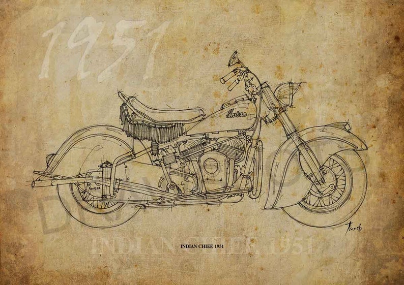 Indian Motorcycles Art Prints, Set of 4, Vintage Motorcycle Drawings ...