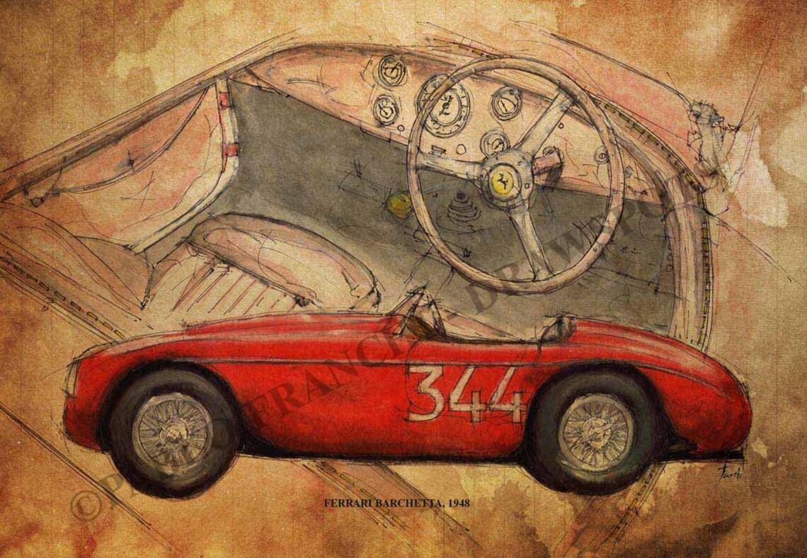 Ferrari Barchetta 1948, Original Handmade Drawing Art Print, 11.5x16 In ...