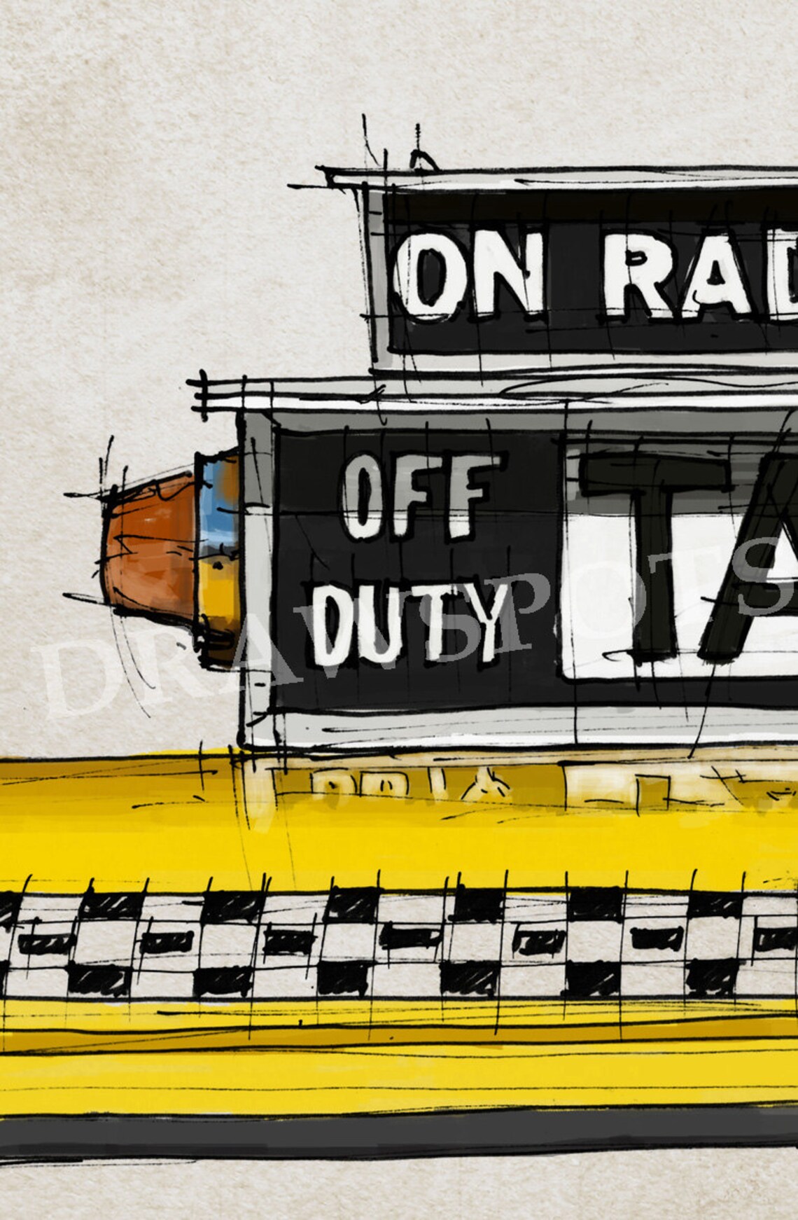 New York Taxi Sign, Yellow Cab Sketch, Colorful Handmade Drawing ...