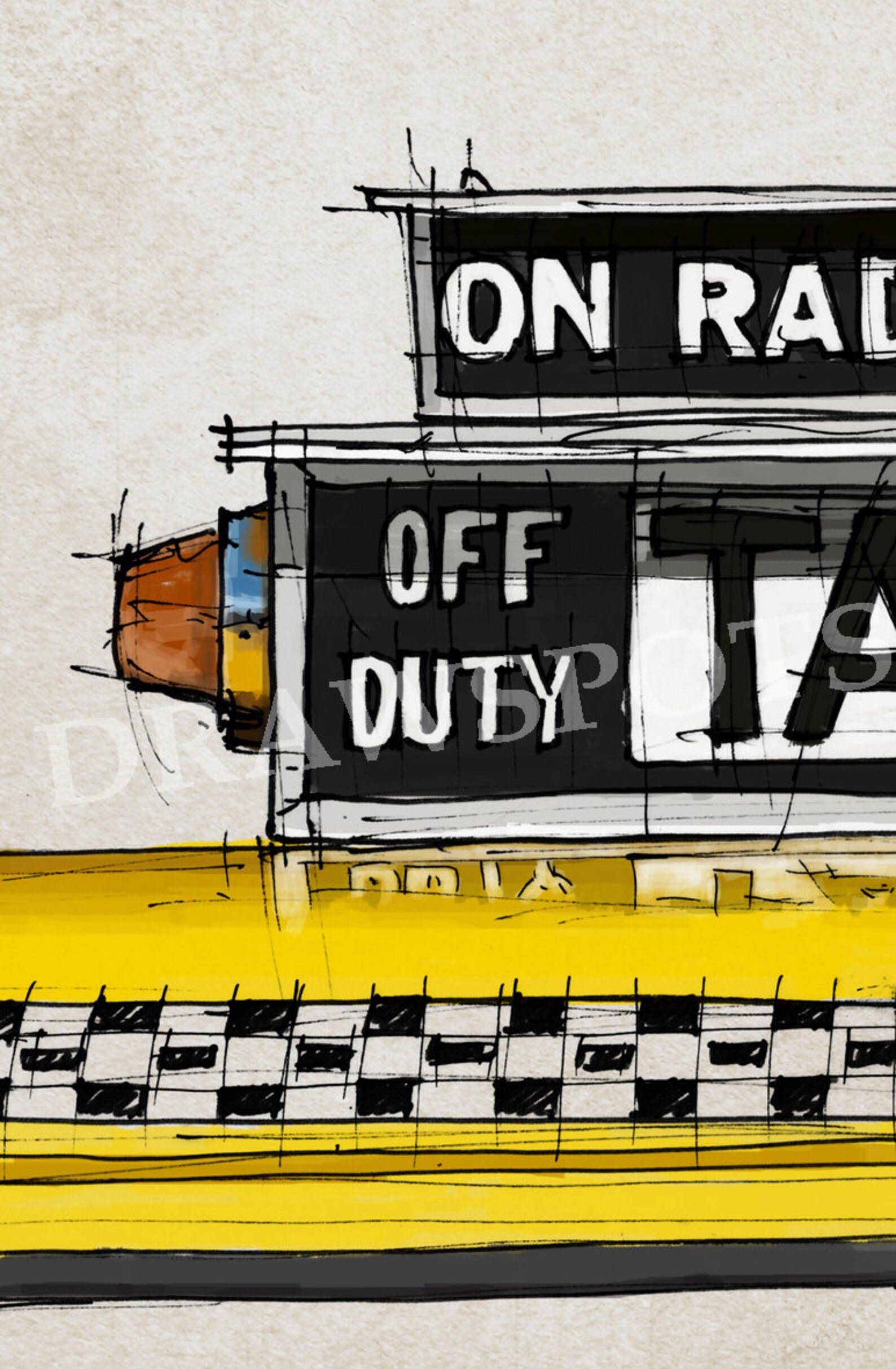 New York Taxi Sign, Yellow Cab Sketch, Colorful Handmade Drawing ...