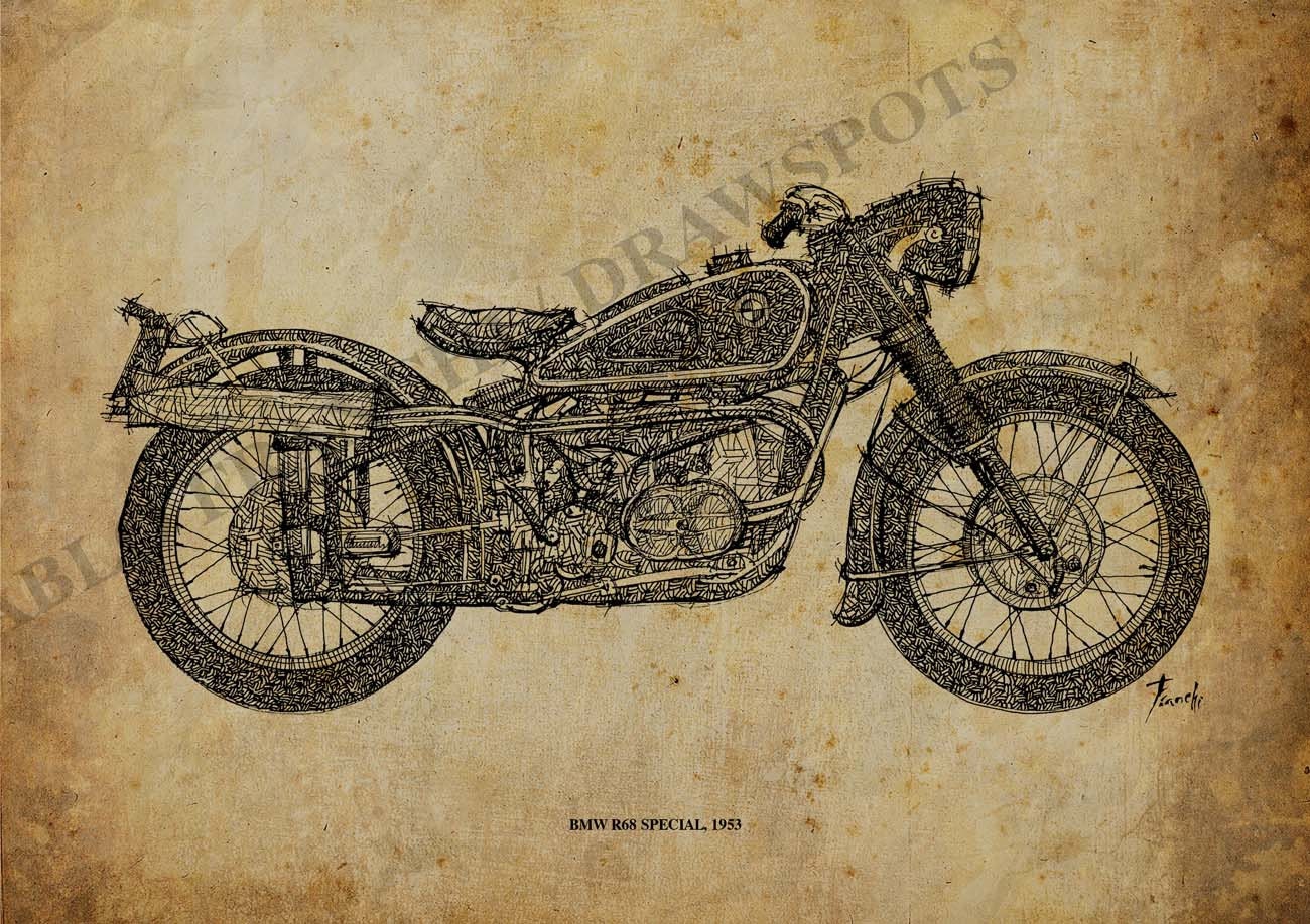 BMW R68 SPECIAL, 1953,original Handmade Drawing Print ,paper Size A3 ...